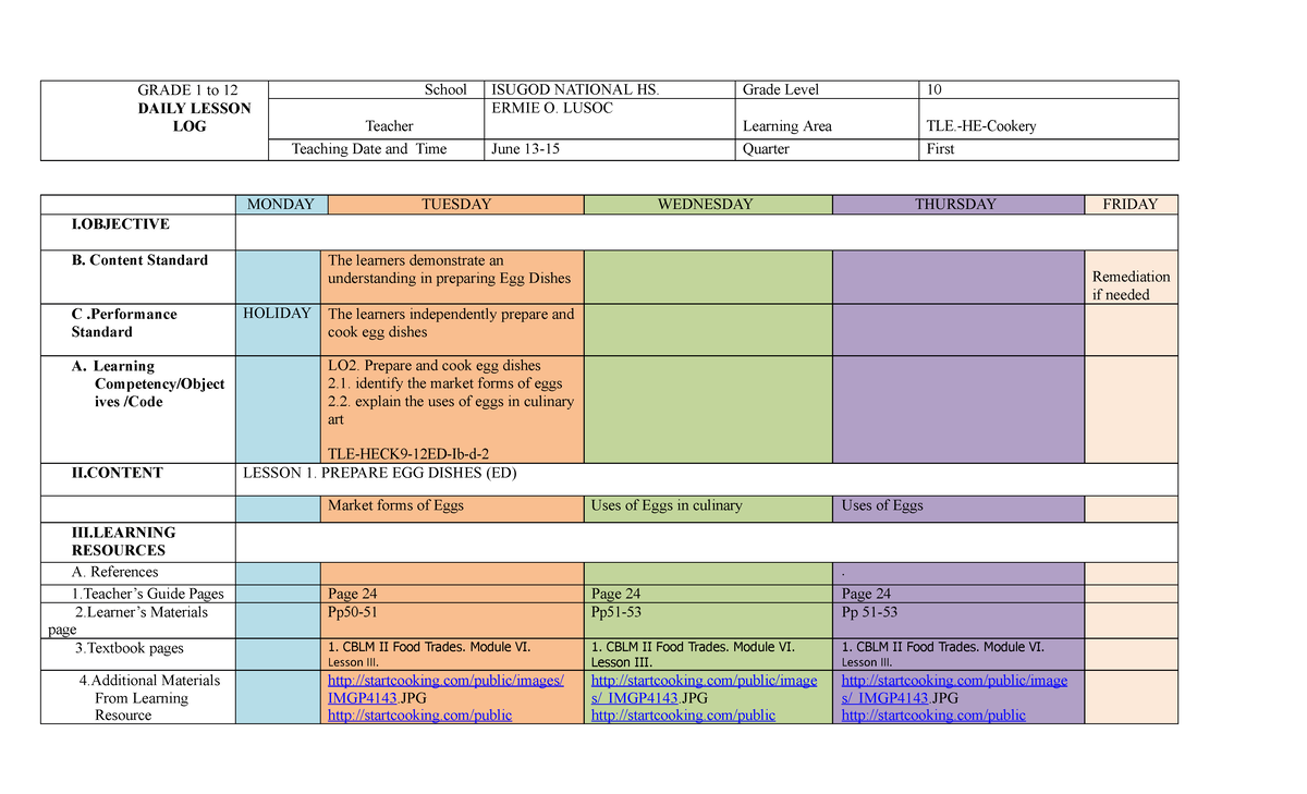 Cookery g10 1st quarter week 2 - GRADE 1 to 12 DAILY LESSON LOG School ...