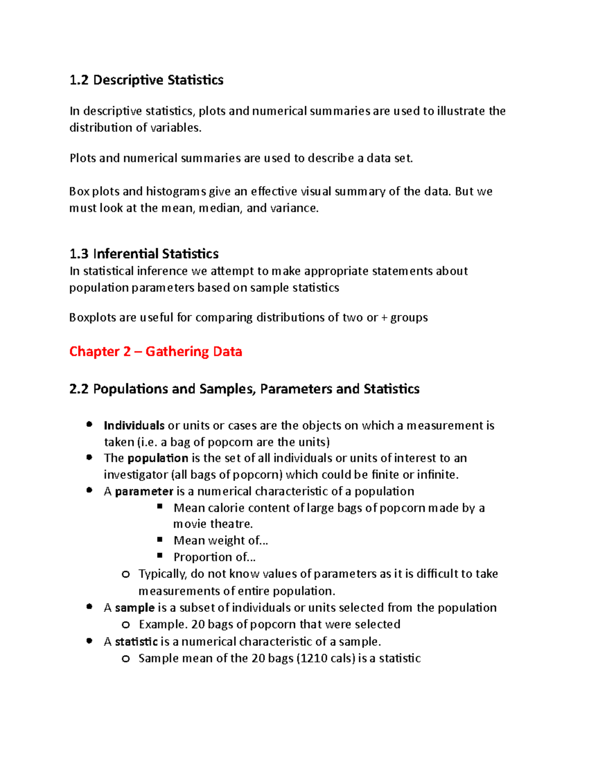 STAT Chap 1 & 2 - Textbook notes chapters 1 and 2 - 1 Descriptive ...