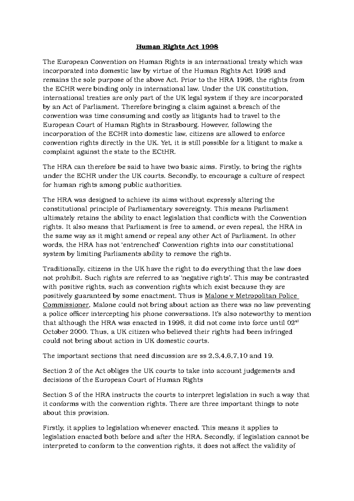 Human Rights Act '98 - Prior to the HRA 1998, the rights from the ECHR ...