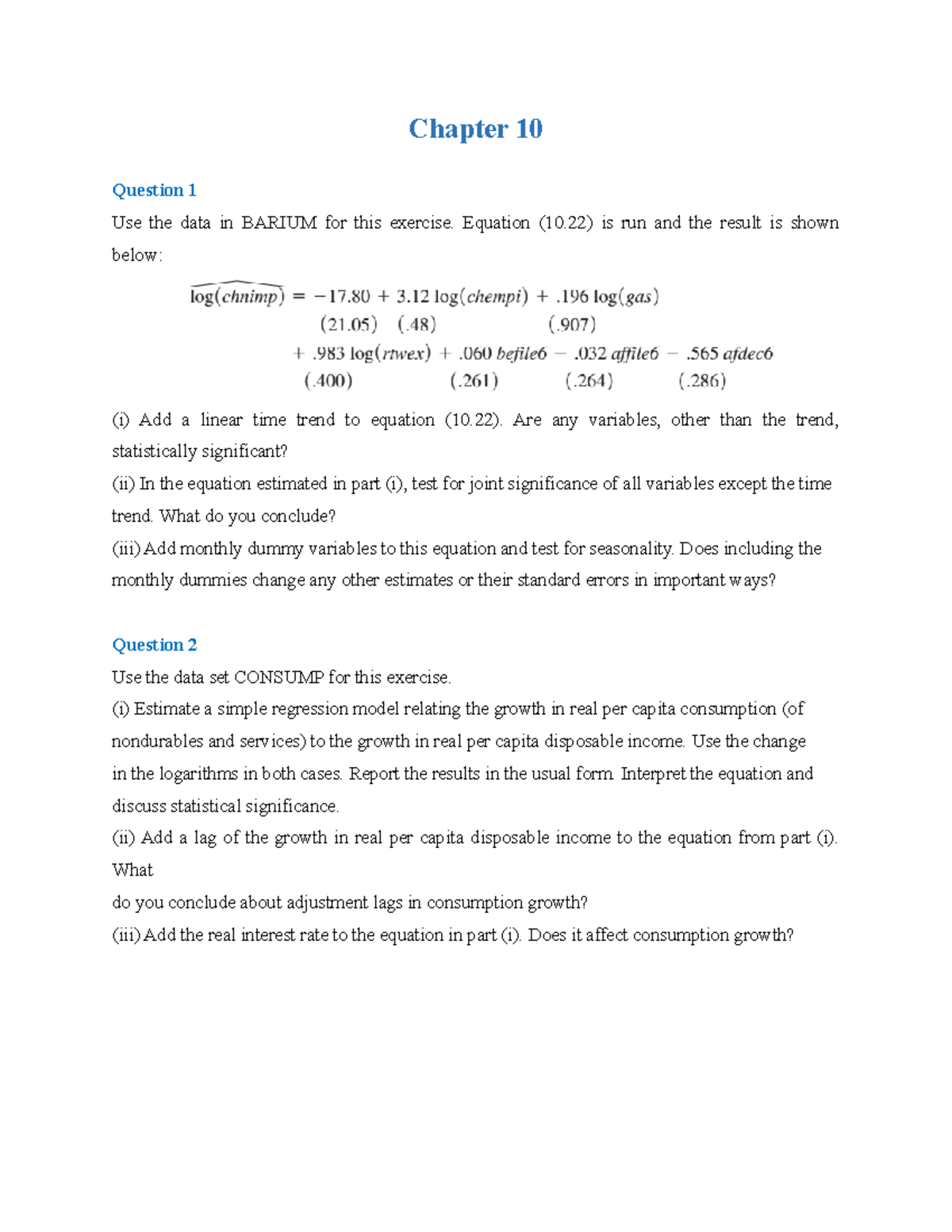Tutorial 4 Chapter 10 - for isb students - Chapter 10 Question 1 Use the data in BARIUM for this ...