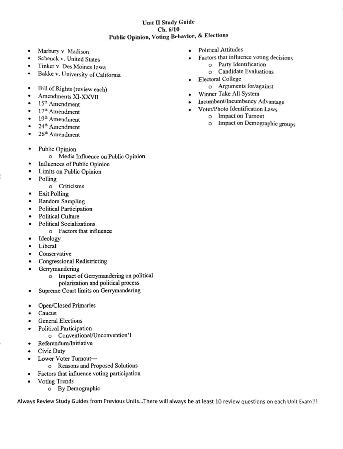 Unit II Study Guide - Public opinion, voting behavior, and elections ...