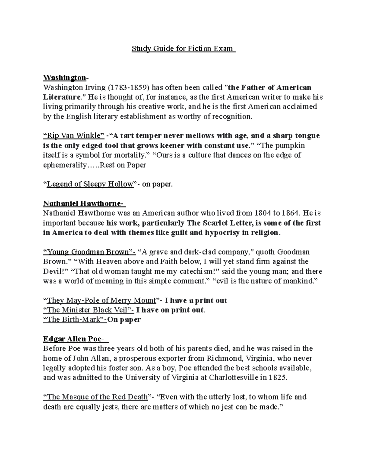 Study Guide for Fiction Exam-3:10 - Study Guide for Fiction Exam ...