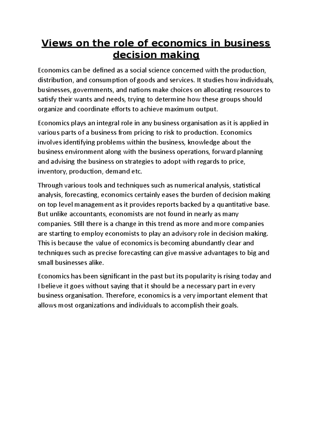 Views on the role of economics in business decision making - Views on ...