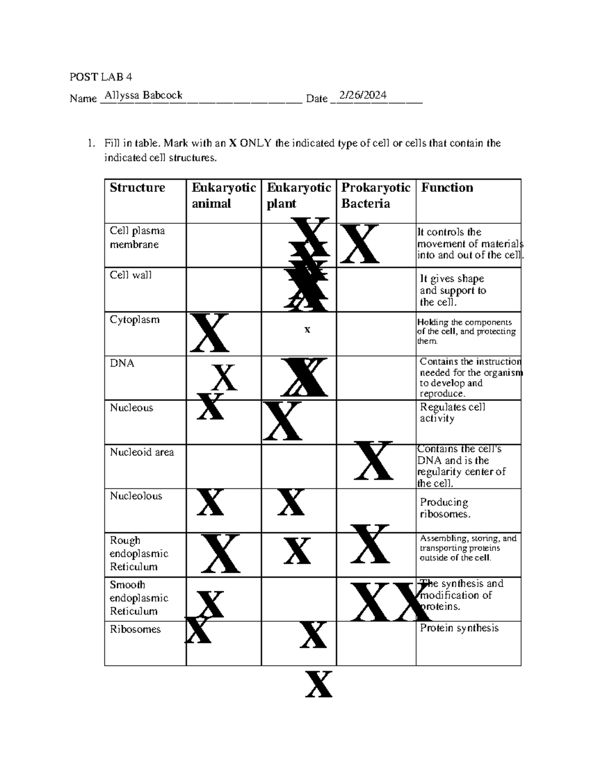 Post lab 4 Cell structure - POST LAB 4 Name ___________________________________ Date - Studocu
