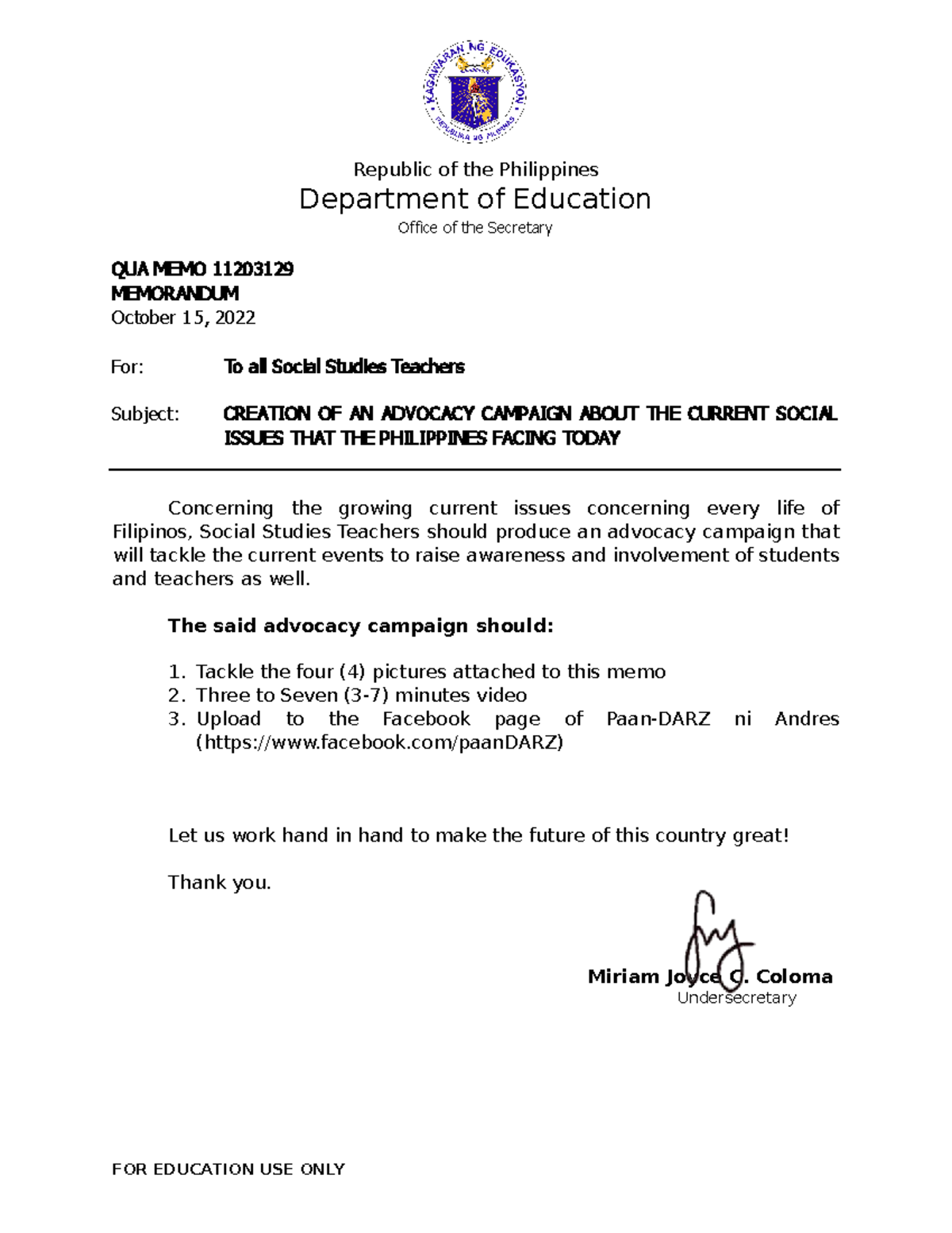Memorandum Order MEMA NO - Republic of the Philippines Department of ...