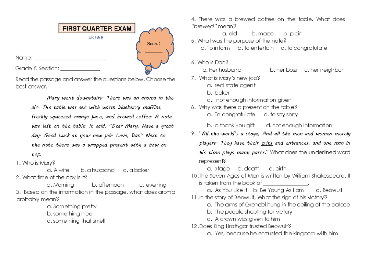 1st Quarter Eng 9 - English 9 Name: ____________________________ Grade ...