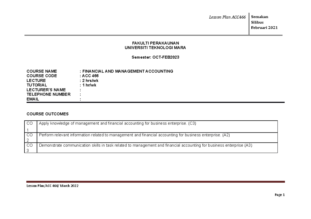 ACC466 Lesson PLAN OCT 2022 - Silibus Februari 2021 FAKULTI PERAKAUNAN ...