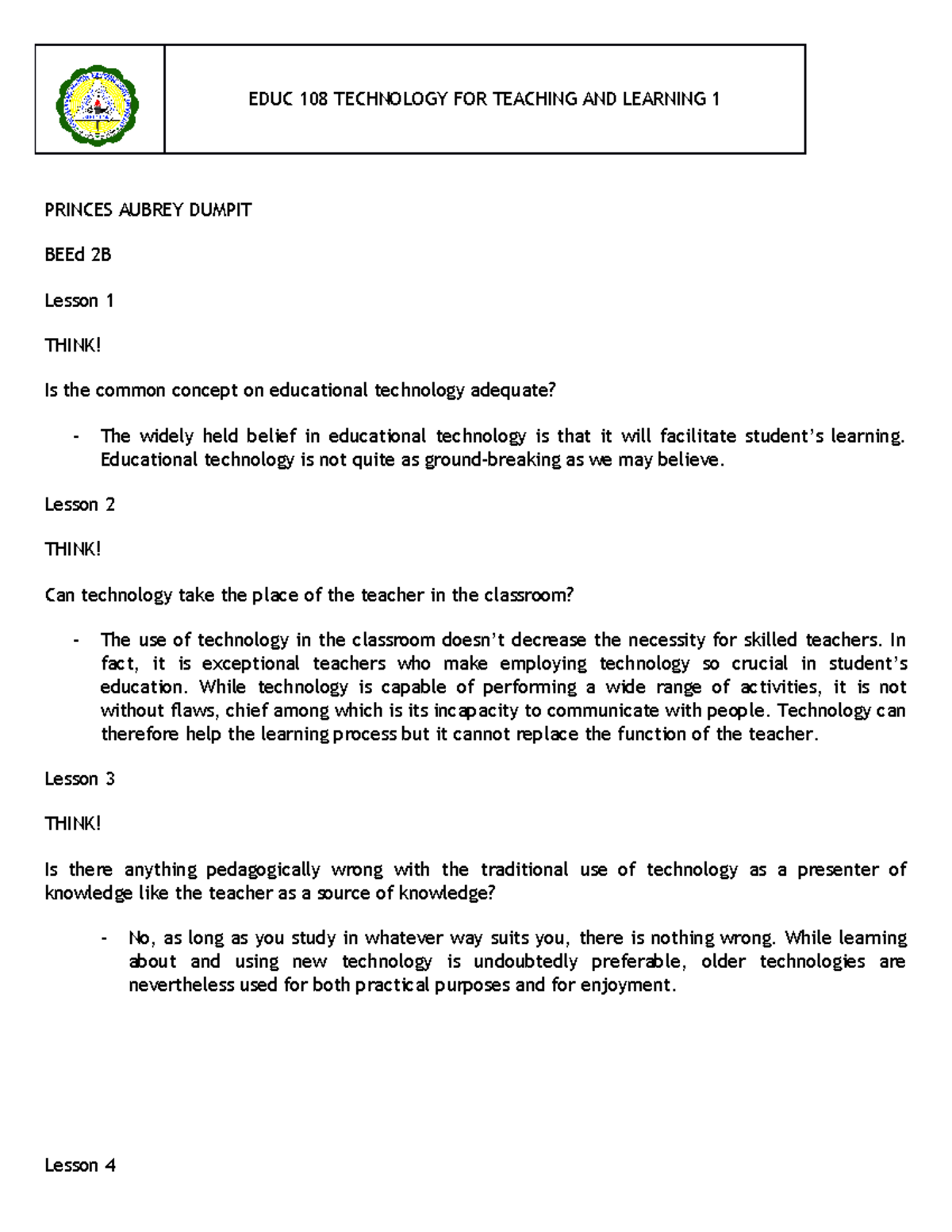 EDUC 108 Technology FOR Teaching AND Learning 1 Activities - EDUC 108 ...