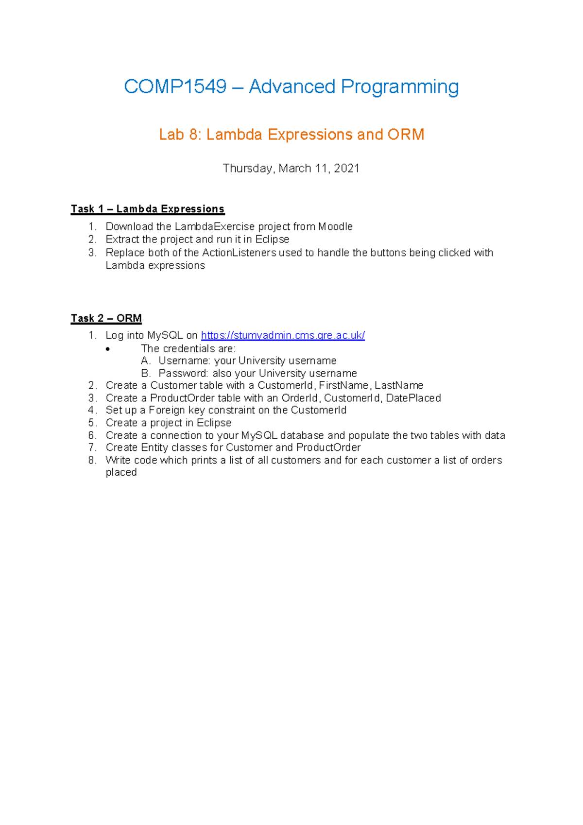 COM1549 Lab 8 - lab paper - COMP1 549 – Advanced Programming Lab 8 ...
