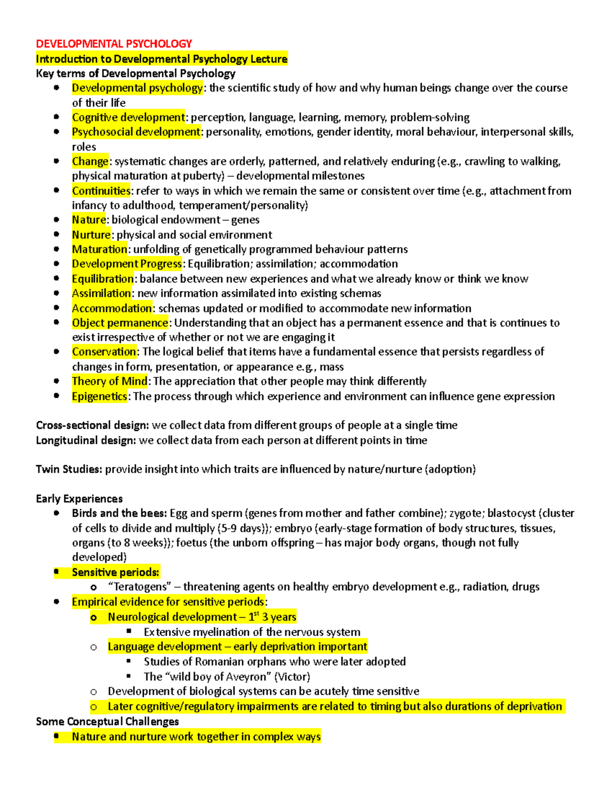 Developmental Psych Lecture Notes - DEVELOPMENTAL PSYCHOLOGY ...