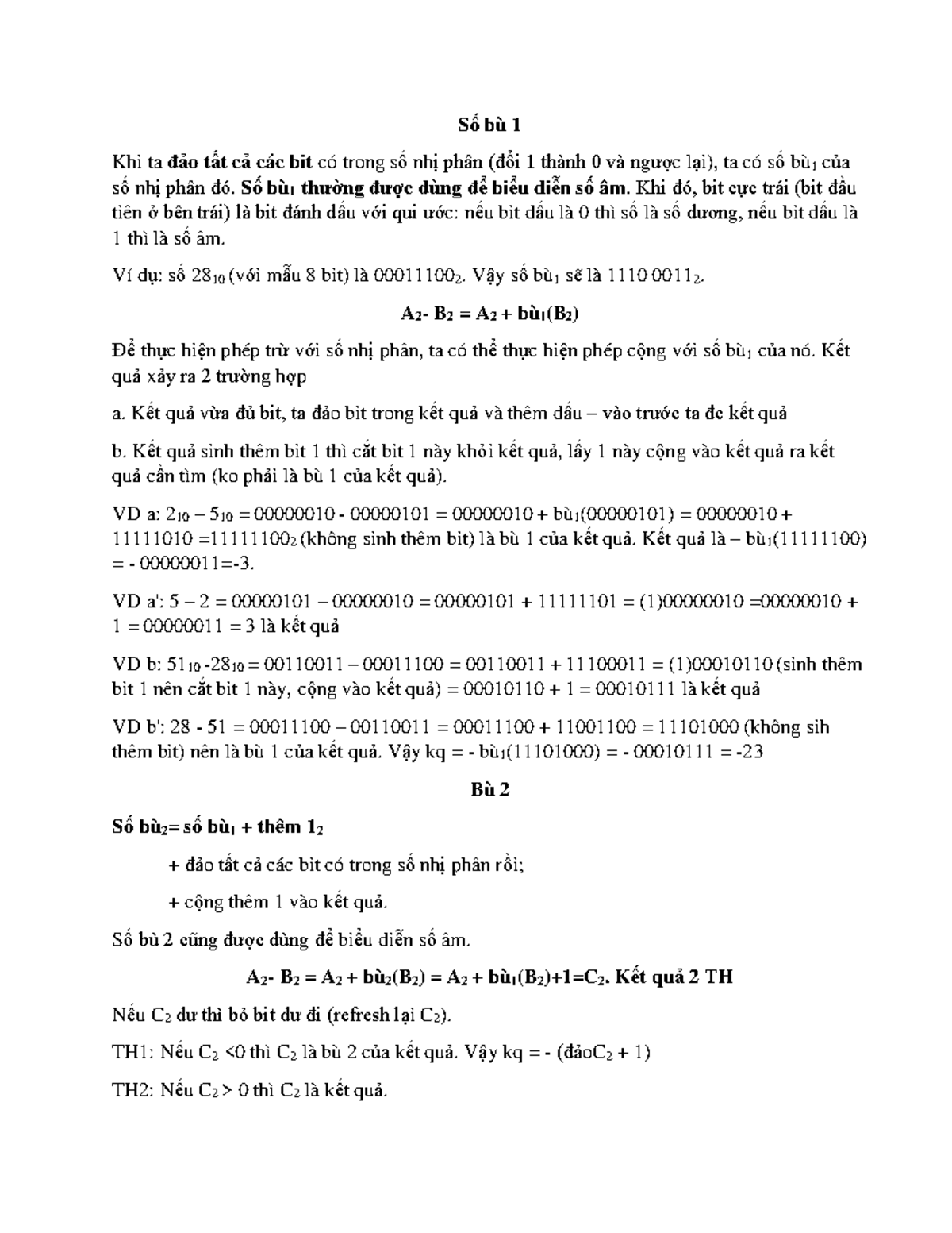 Chuong 2 So bu 1 So bu 2 NMTH - Số bù 1 Khi ta đảo tất cả các bit có trong số nhị phân (đổi 1 ...
