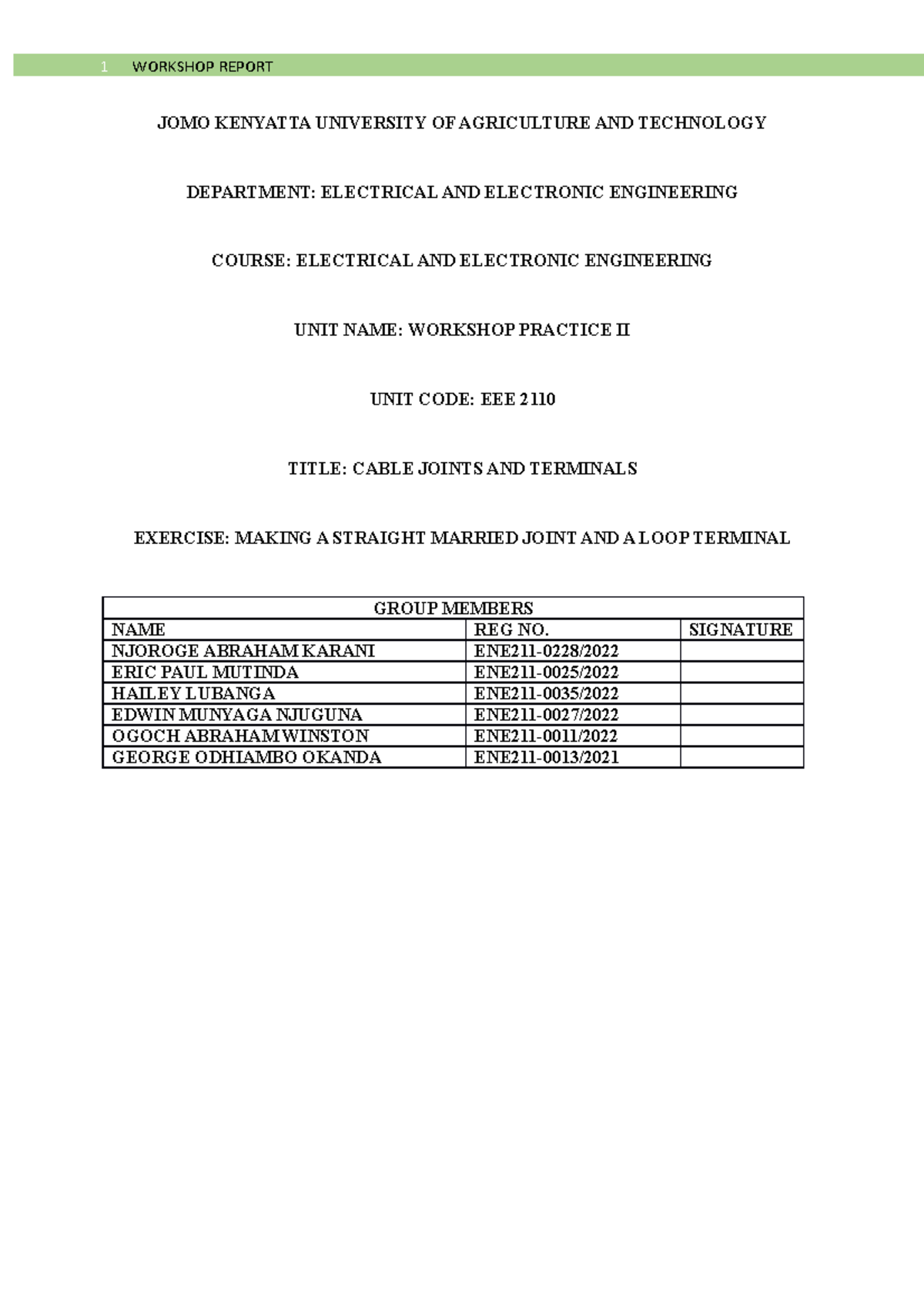 Workshop report - cable joints and terminations - JOMO KENYATTA ...