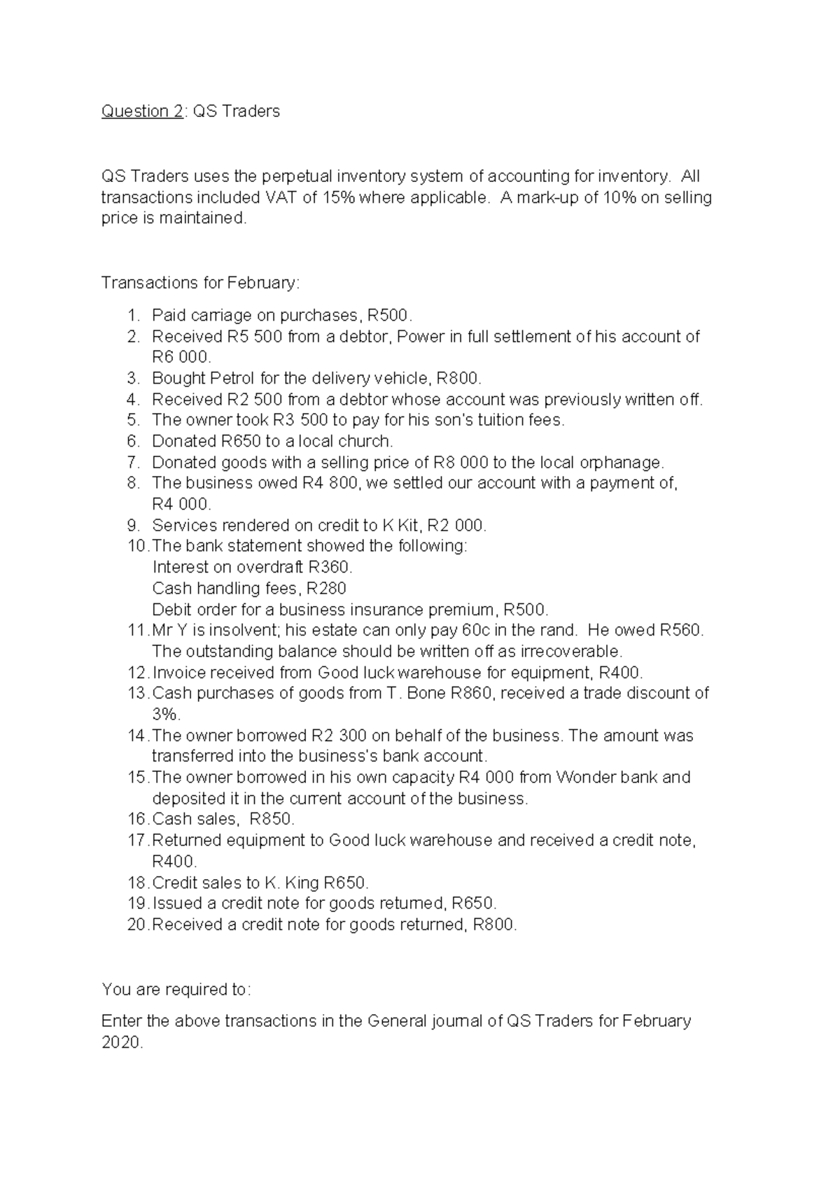 Q2 QS Traders - Financial accouting - Question 2: QS Traders QS Traders ...