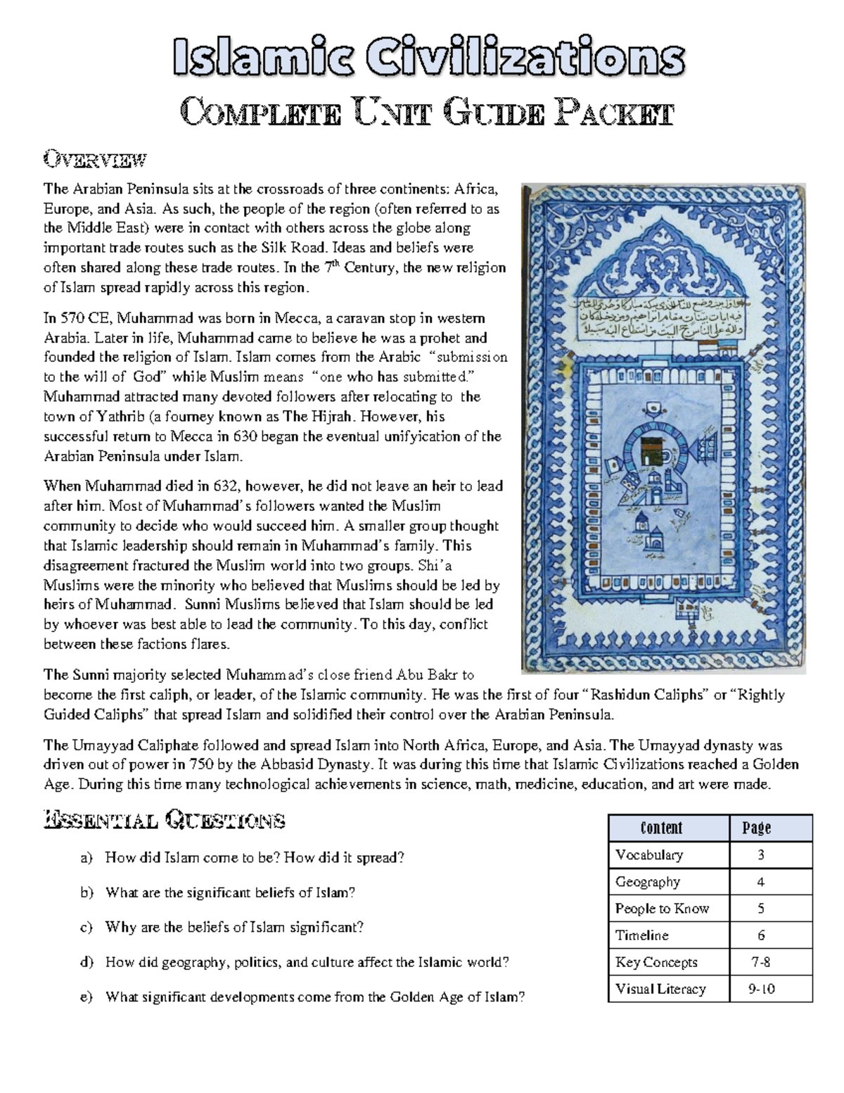 Islamic Civilizations - Complete Unit Guide Packet Overview The Arabian ...