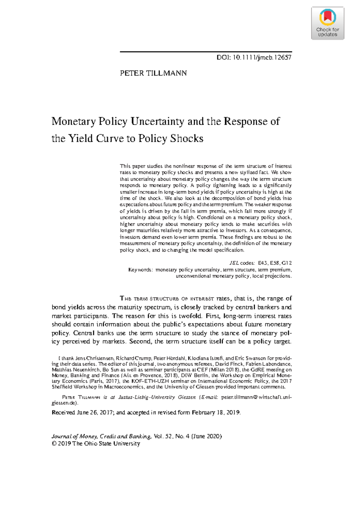 Paper 02 - kknknkn - DOI: 10/jmcb. PETER TILLMANN Monetary Policy ...
