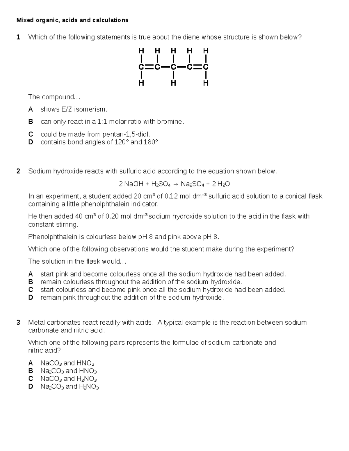 Mixed organic acids and calcs - Mixed organic, acids and calculations 1 ...