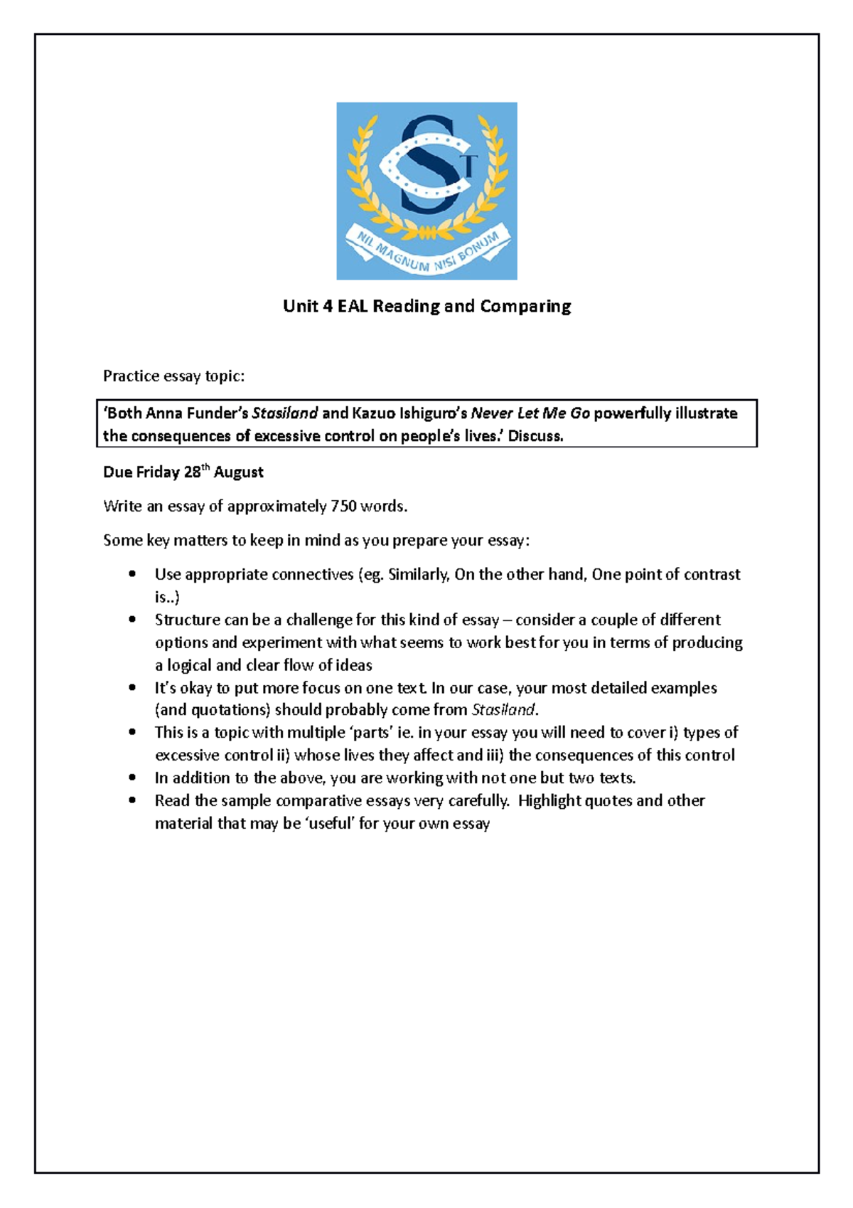 12EAL Comparative Essay Draft and Practice - Unit 4 EAL Reading and ...
