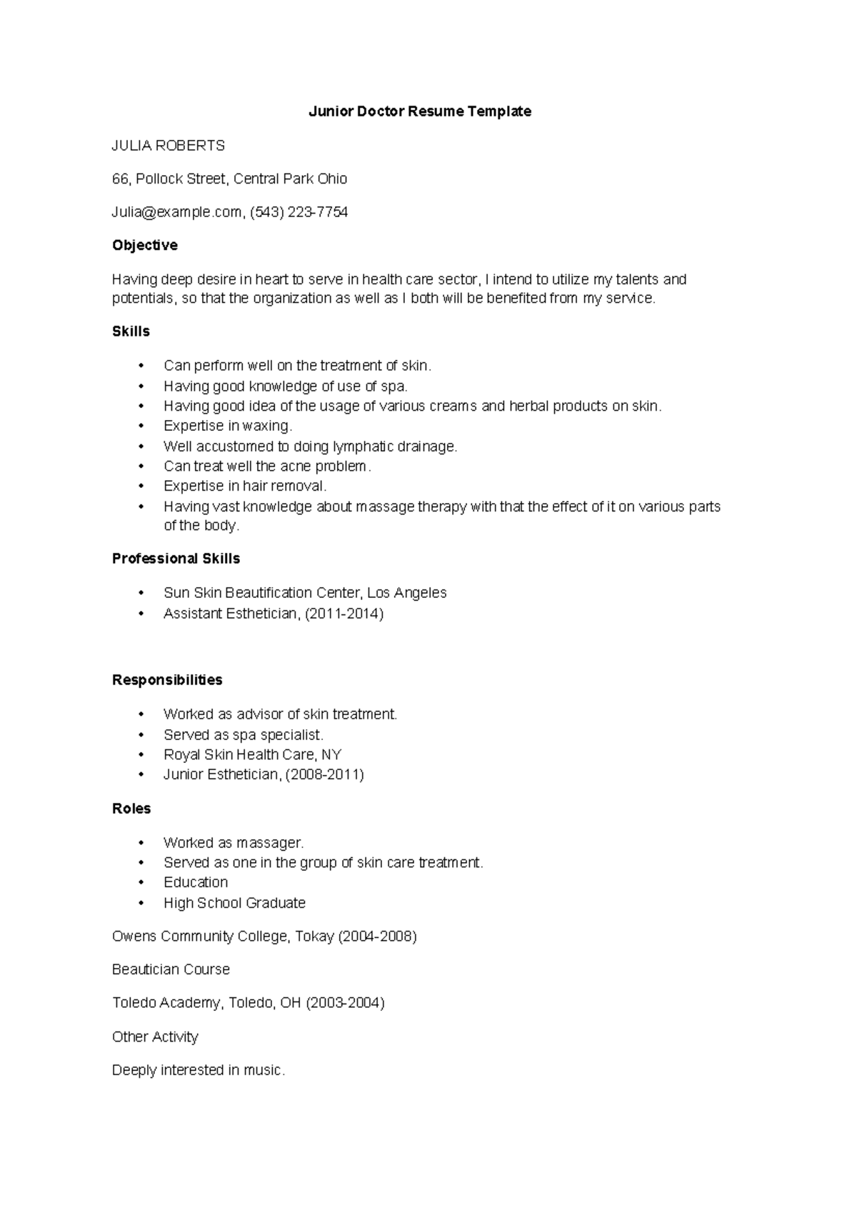 Junior doctor resume template - Junior Doctor Resume Template JULIA ...