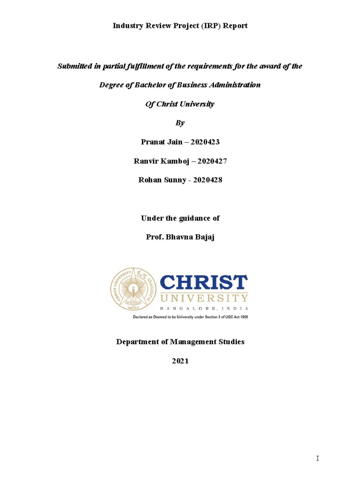 Irp project - mandatory assignment for irp - Industry Review Project ...