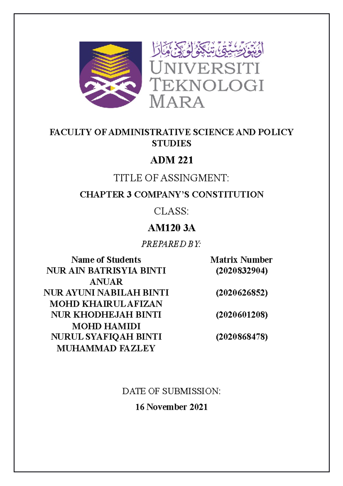 Assignment ADM221 Paper WORK FULL (1) - FACULTY OF ADMINISTRATIVE ...