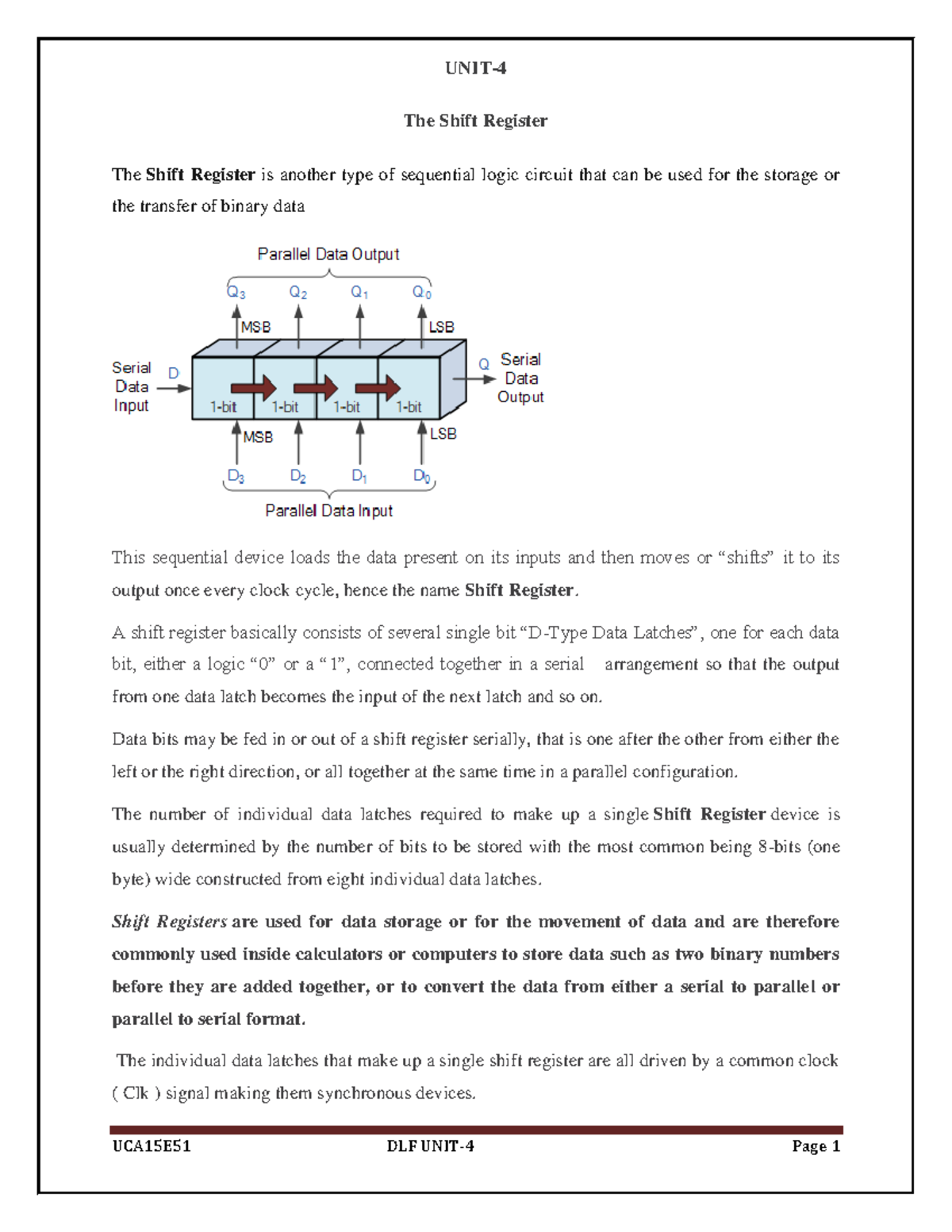 Final unit 4 dlf ct2 - fdfdf - UNIT- 4 The Shift Register The Shift Register is another type of ...