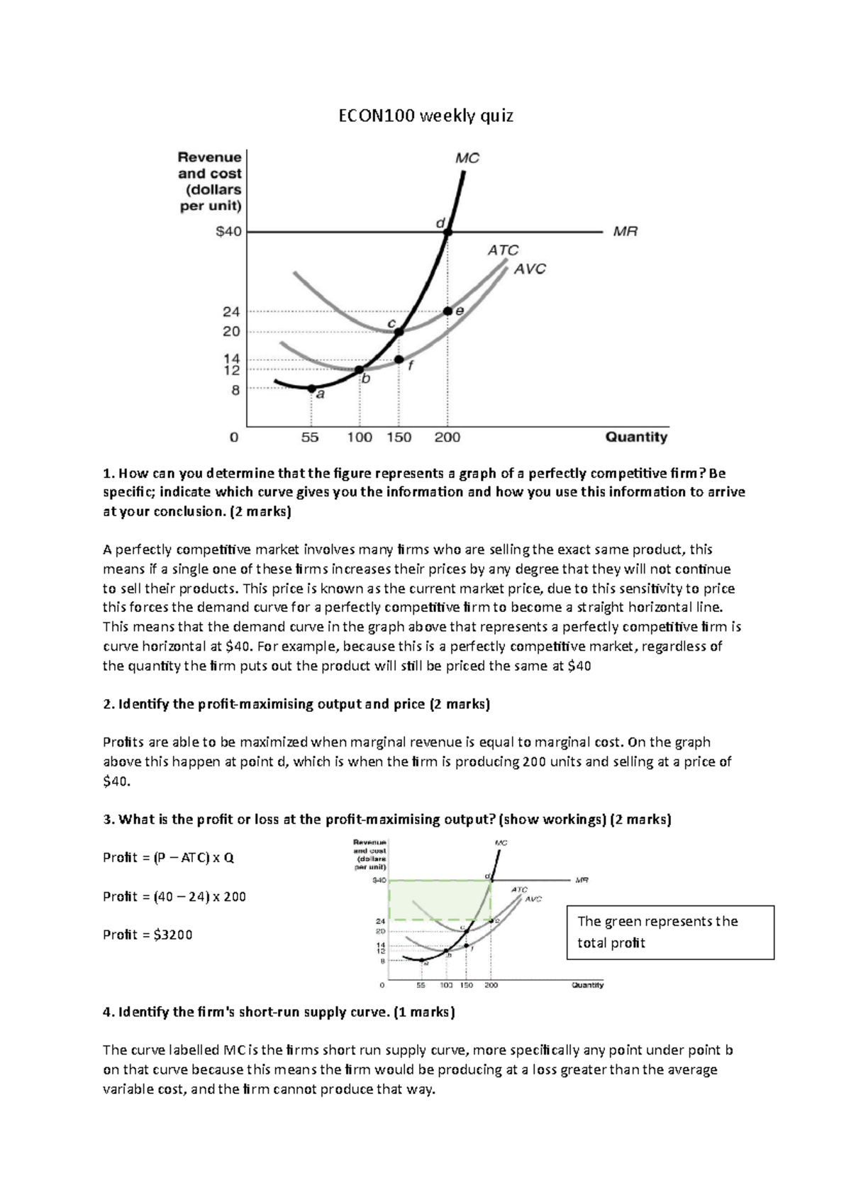 ECON100 weekly quiz - perfect competition, profit maximising output and ...