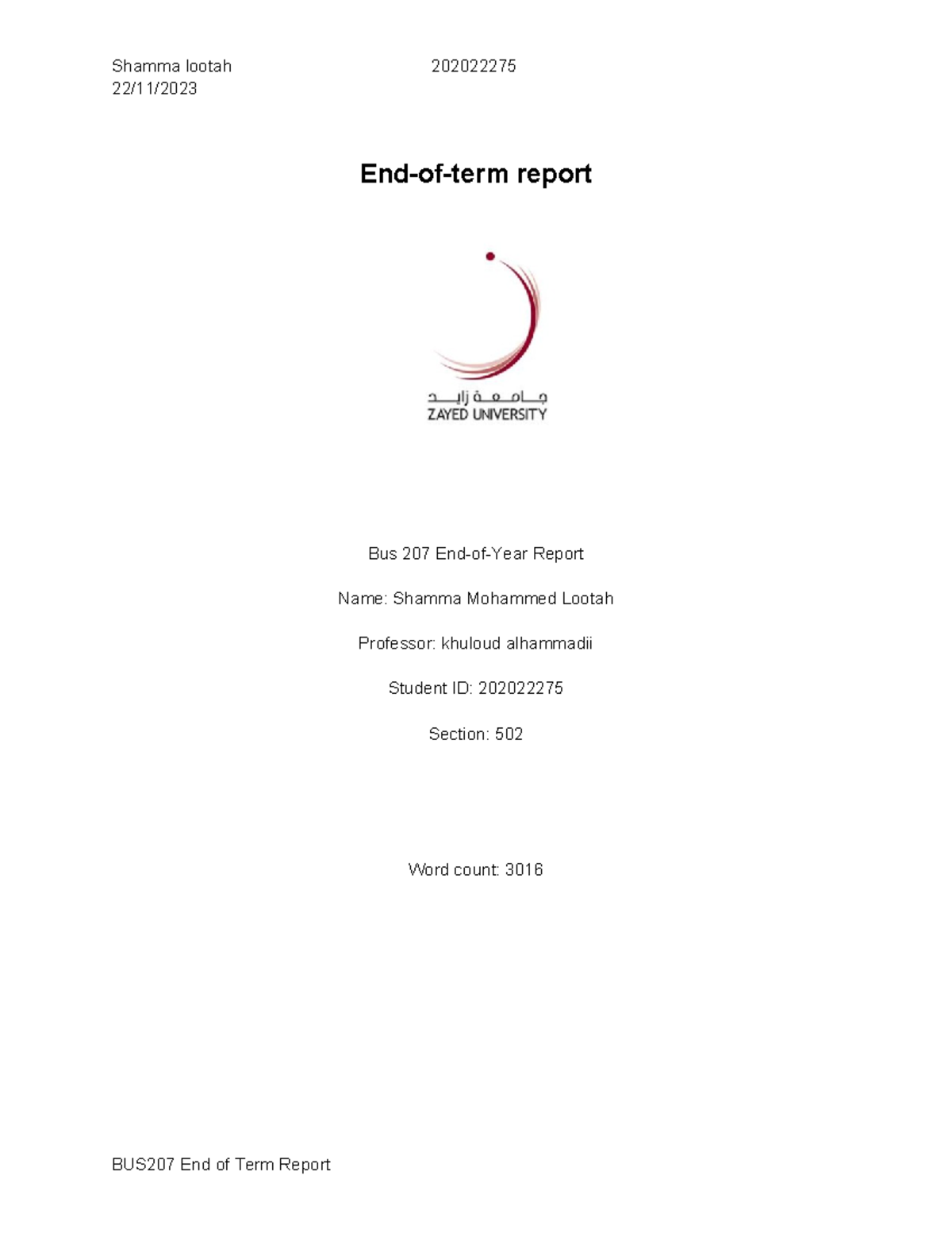 Bus 207 End-of-Year Report - ####### 22/11/ End-of-term report ...