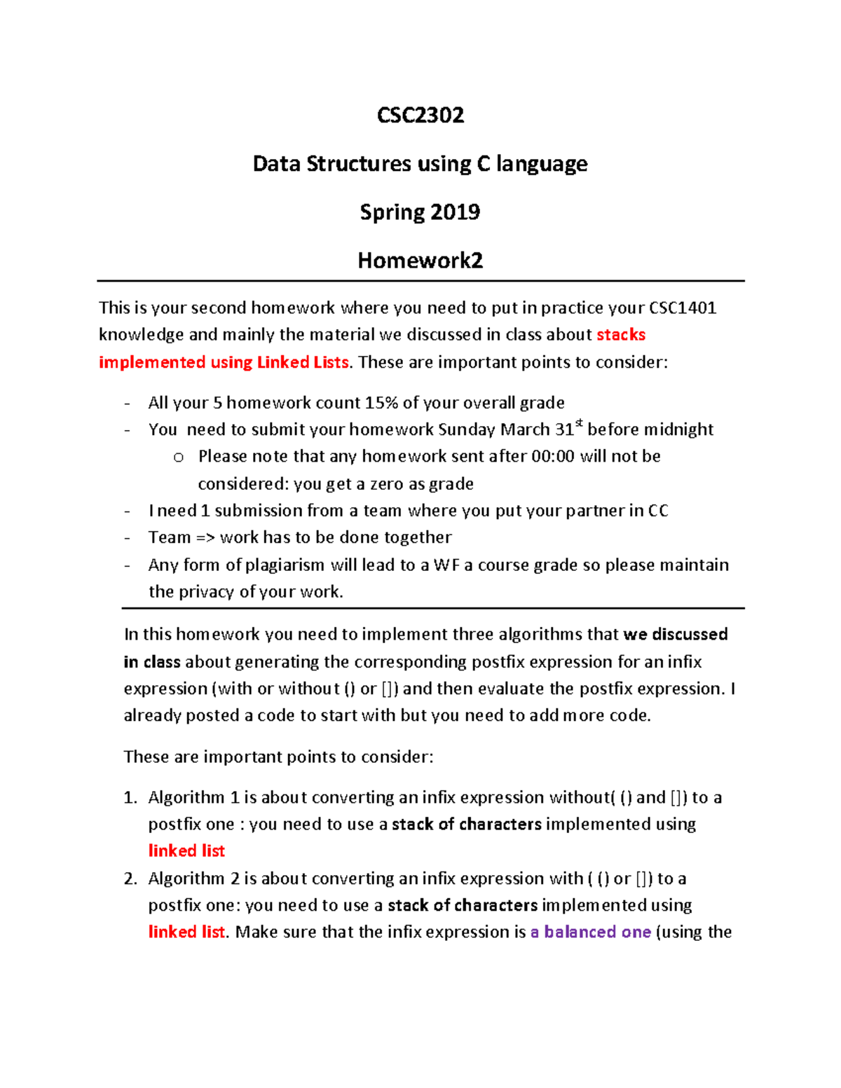 Homework 2 - CSC Data Structures using C language Spring 2019 Homework ...