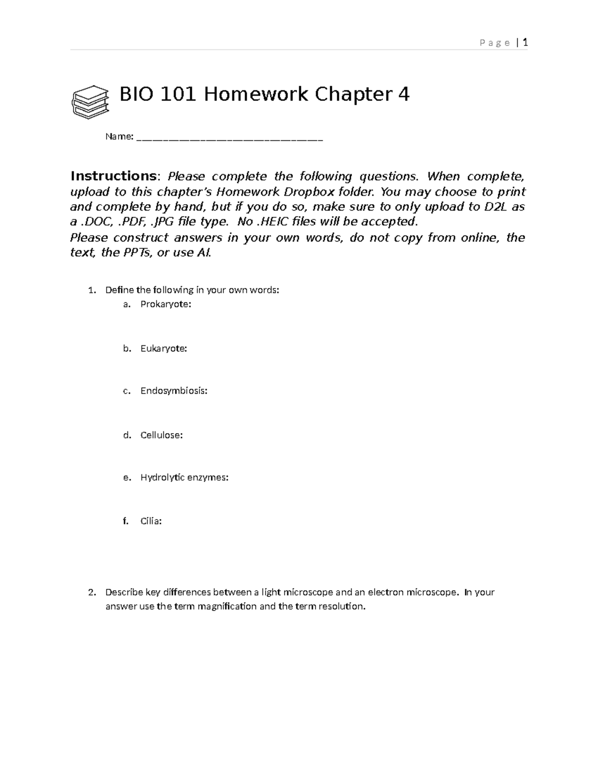 BIO 101 Homework Chapter 4 - BIO 101 Homework Chapter 4 Name ...