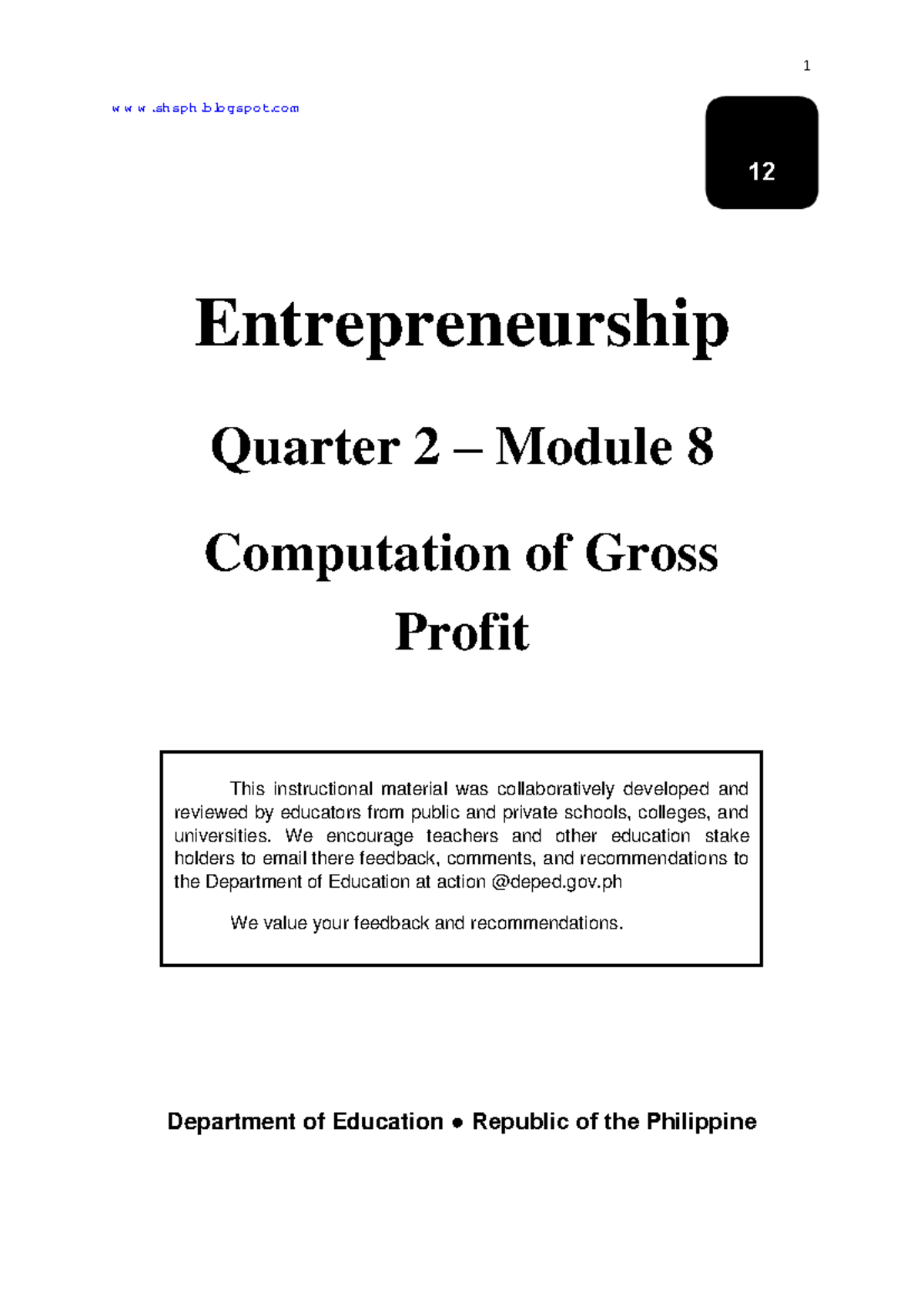 Mod8 Computation-of-Gross-Profit v2 - Entrepreneurship Quarter 2 – Module 8 Computation of Gross ...