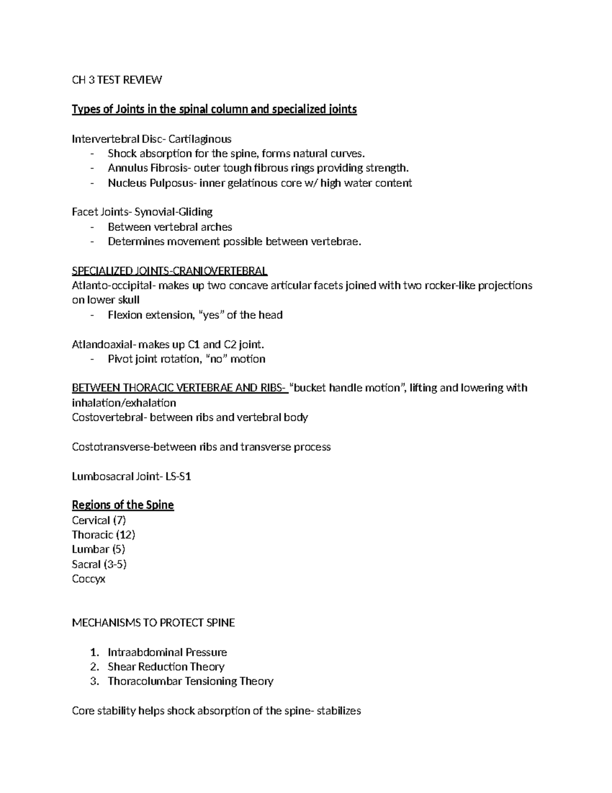 CH 3 TEST Review - CH 3 TEST REVIEW Types of Joints in the spinal ...