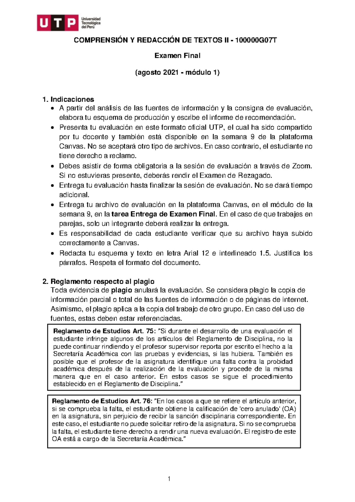 Examen final Comprensión Y Redacción DE Textos 2 agosto 2021 formato UTP - COMPRENSIÓN Y ...