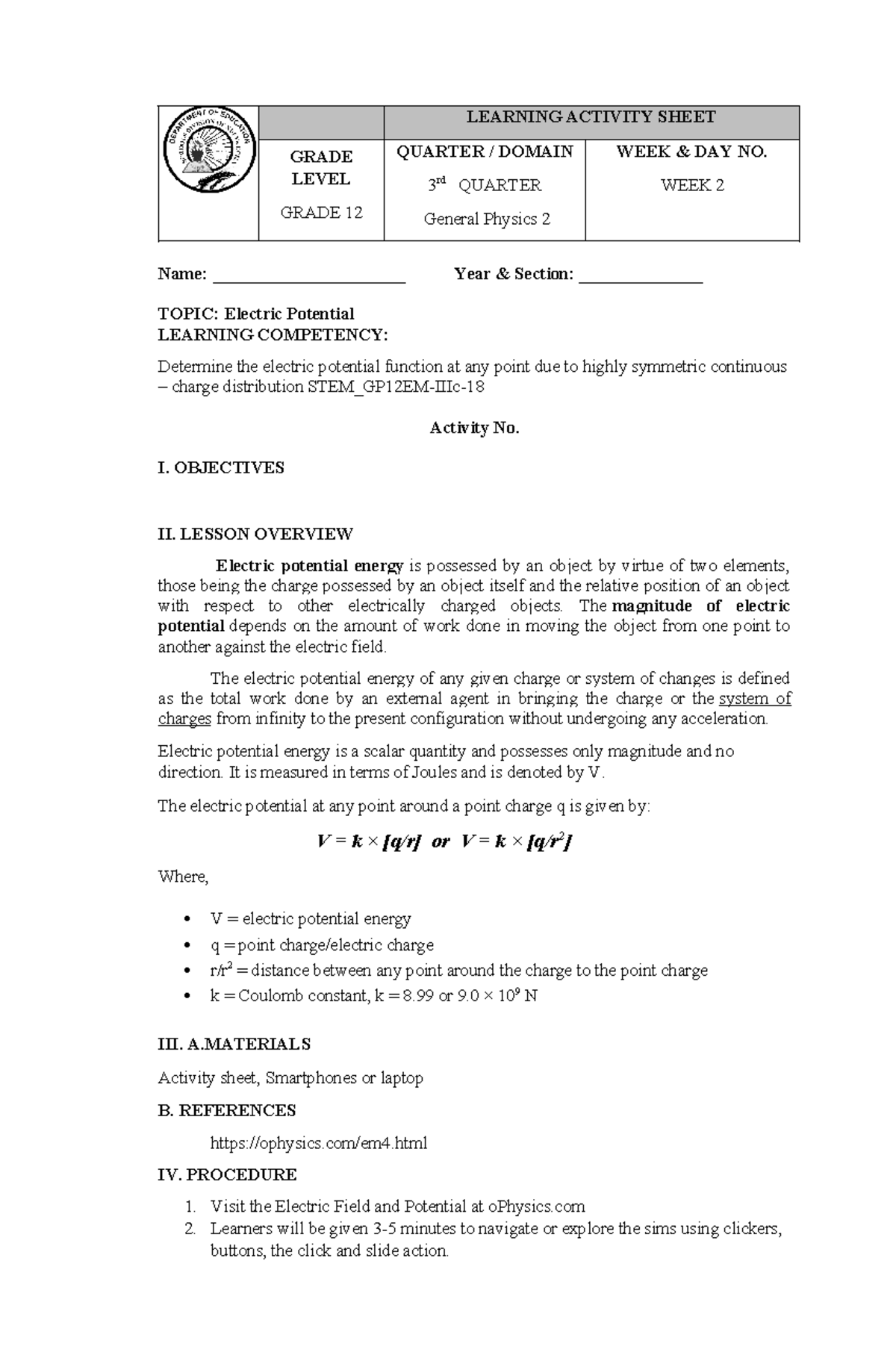 Electric-Potential-Week2LAS - LEARNING ACTIVITY SHEET GRADE LEVEL GRADE ...