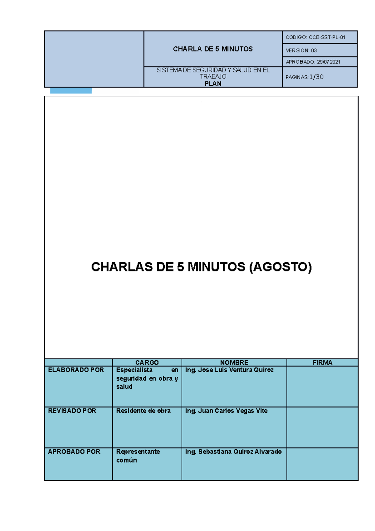 CHARLA 5 MINUTOS - CHARLA DE 5 MINUTOS VERSION: 03 APROBADO: 29 ...