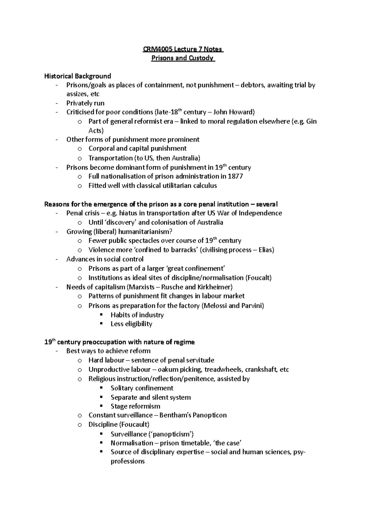 Crm4005 Lecture 7 Notes Crm4005 Lecture 7 Notes Prisons And Custody Historical Background