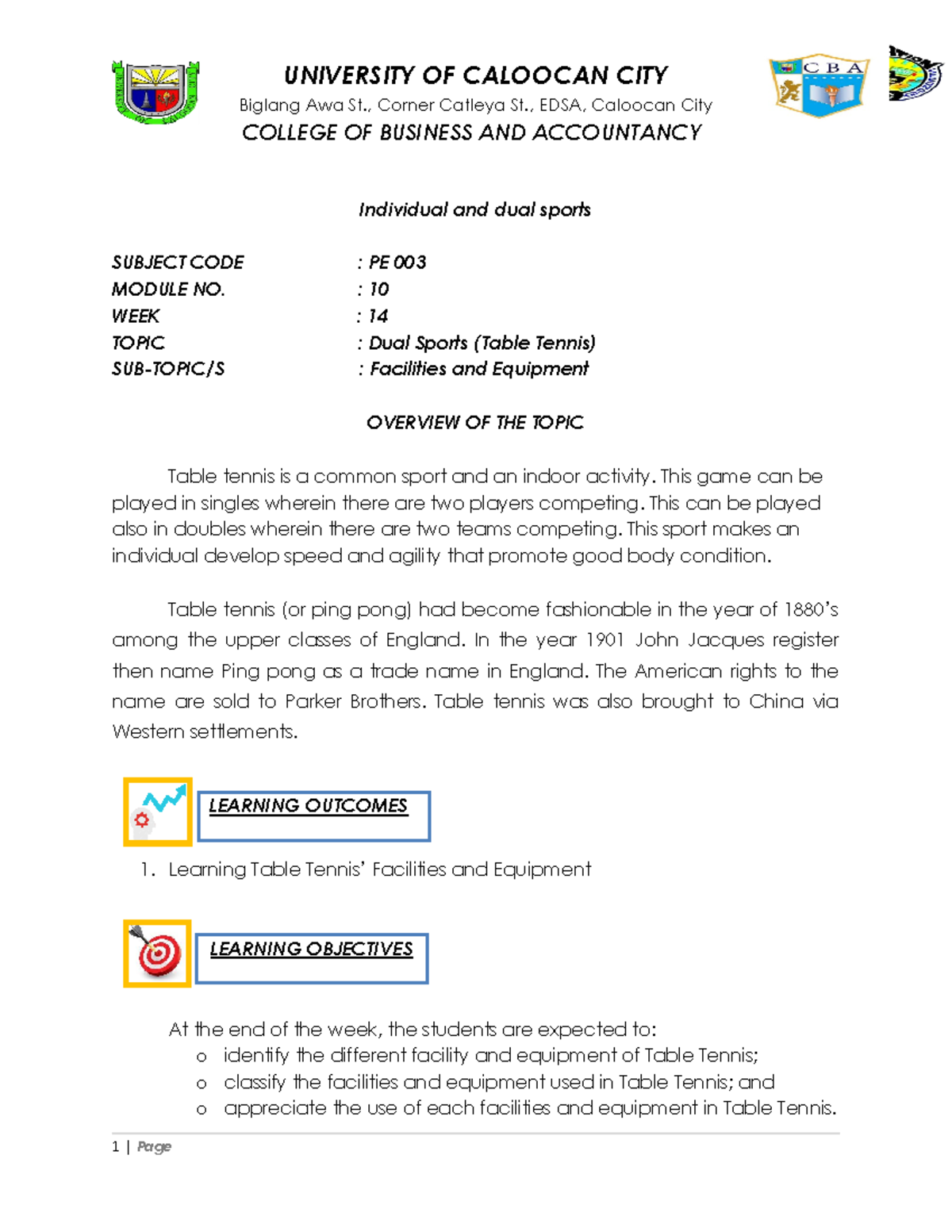 PE 003 CBA Module 10 Week 14 Table Tennis facilities and equipment ...
