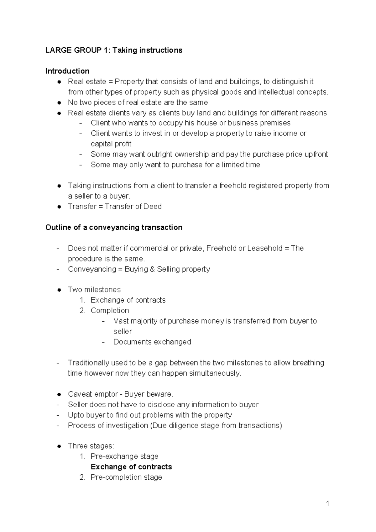 REAL Estate - Lecture notes 1-10 LLB - LARGE GROUP 1: Taking ...