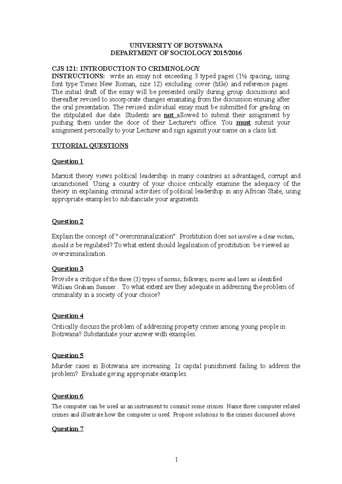 CRIMINOLOGY REVISION QUESTIONS - UNIVERSITY OF BOTSWANA DEPARTMENT OF ...