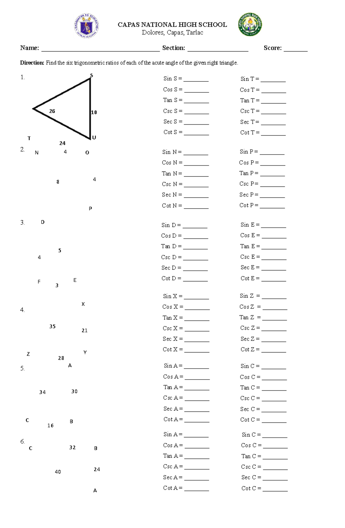 Six Trigo Ratios Exact Trigo Values Activity - S 10 T U 26 24 D 5 E 3 F ...