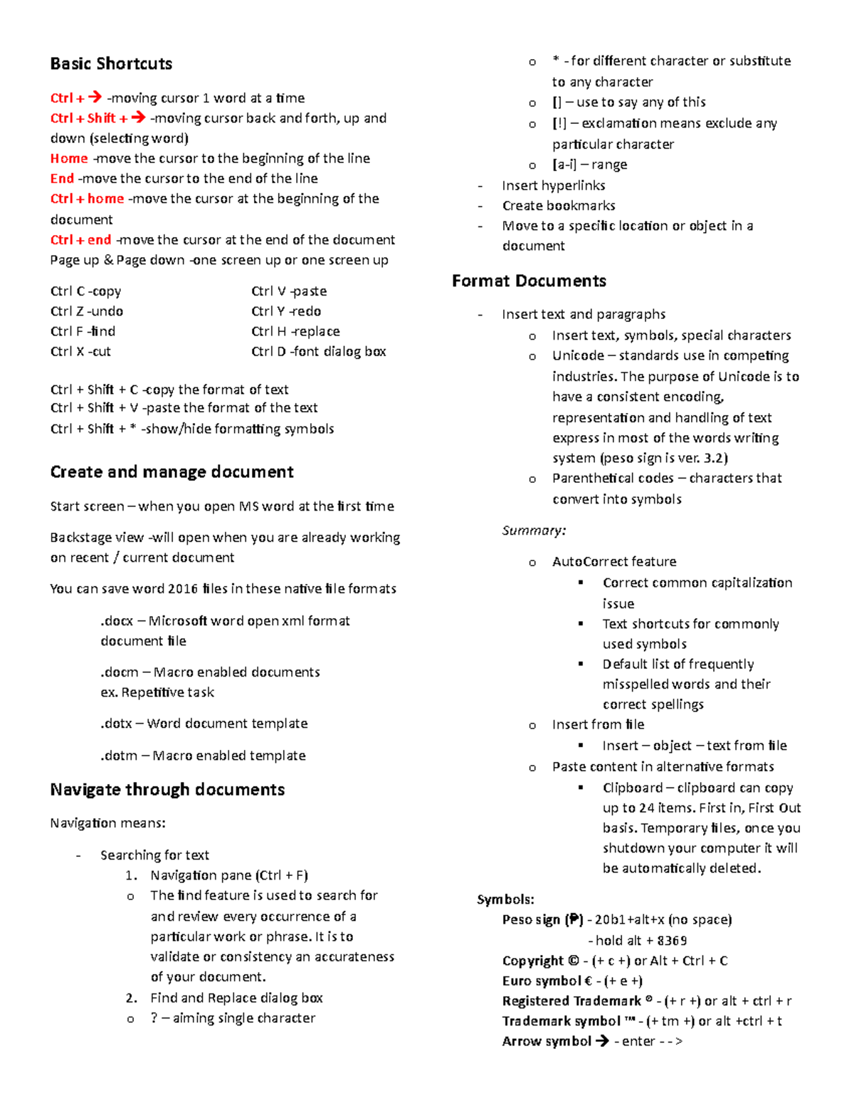 Objective 1 and 2 - kkkk - Basic Shortcuts Ctrl + -moving cursor 1 word ...