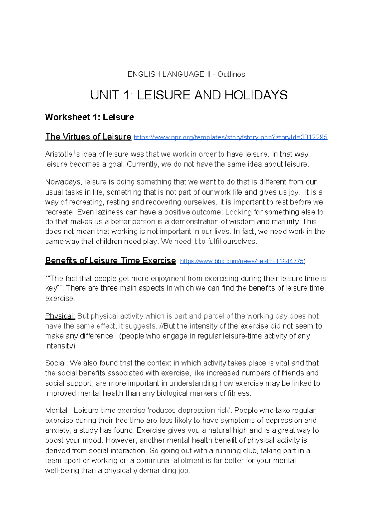 Units 1 and 2, Outlines and Info - ENGLISH LANGUAGE II - Outlines UNIT ...