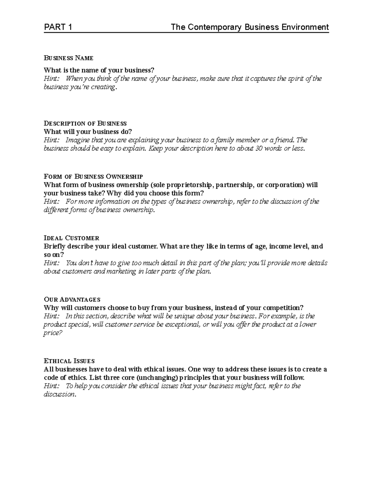 Business Plan Project Student Template - PART 1 The Contemporary ...