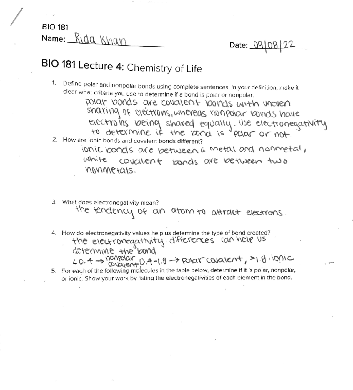 Bio Polarity Worksheet - BIO 181 - Studocu