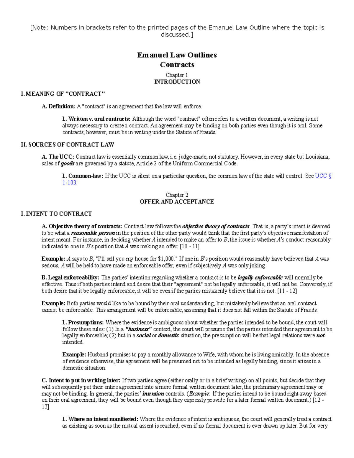 Contracts - Emanuel Law Outlines - [Note: Numbers in brackets refer to ...