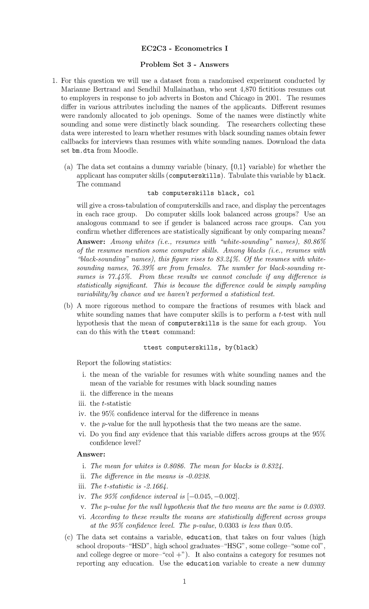 EC2C3 ps3 answer - EC2C3 - Econometrics I Problem Set 3 - Answers For this question we will use ...