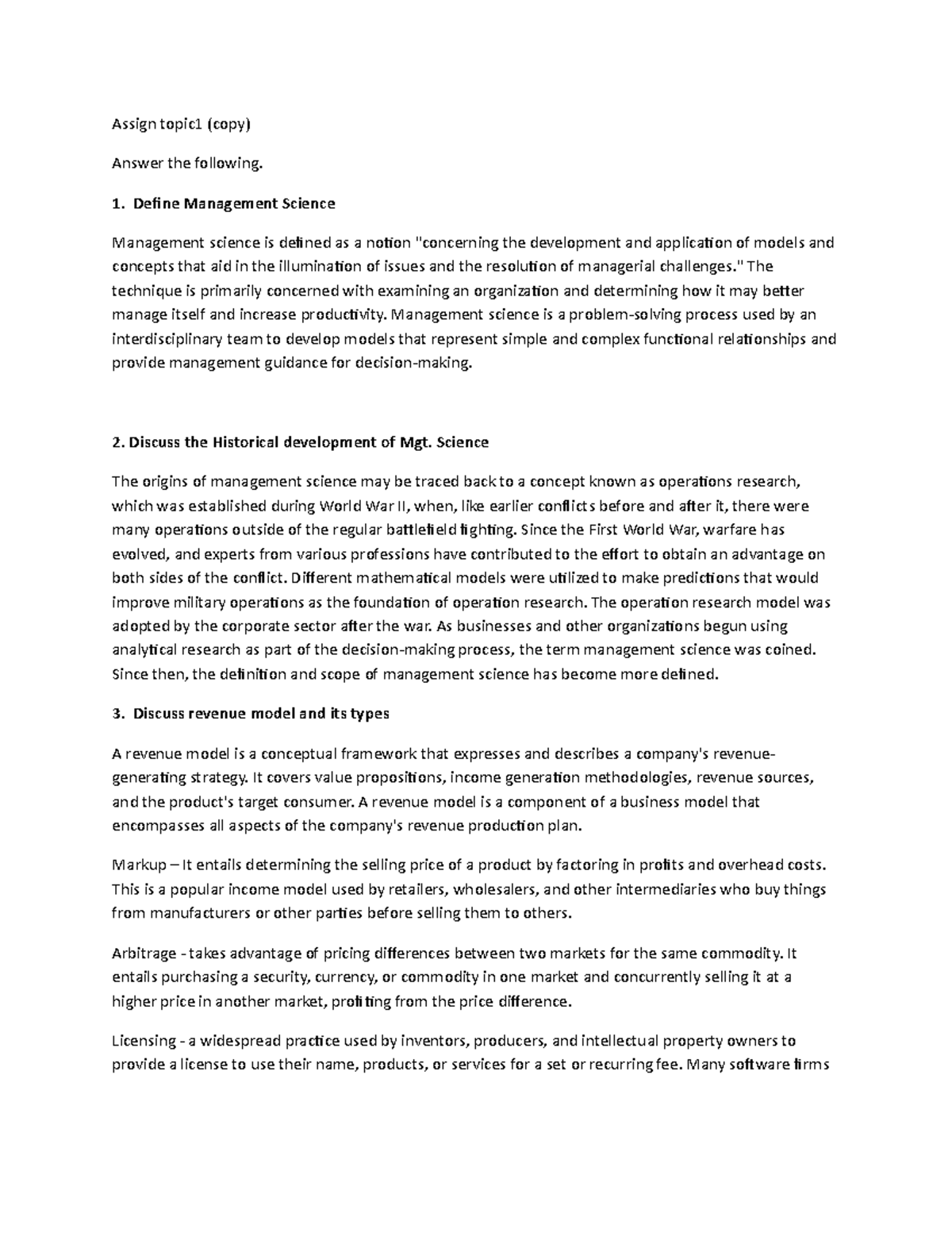 Management Science - Assign topic1 (copy) Answer the following. Define ...