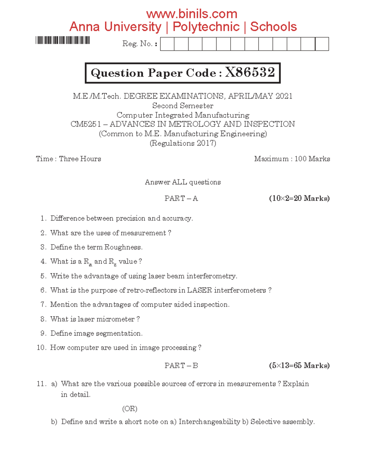 X86532 CM5251 Watermark - X86532 Reg. No. : Question Paper Code : X M.E ...