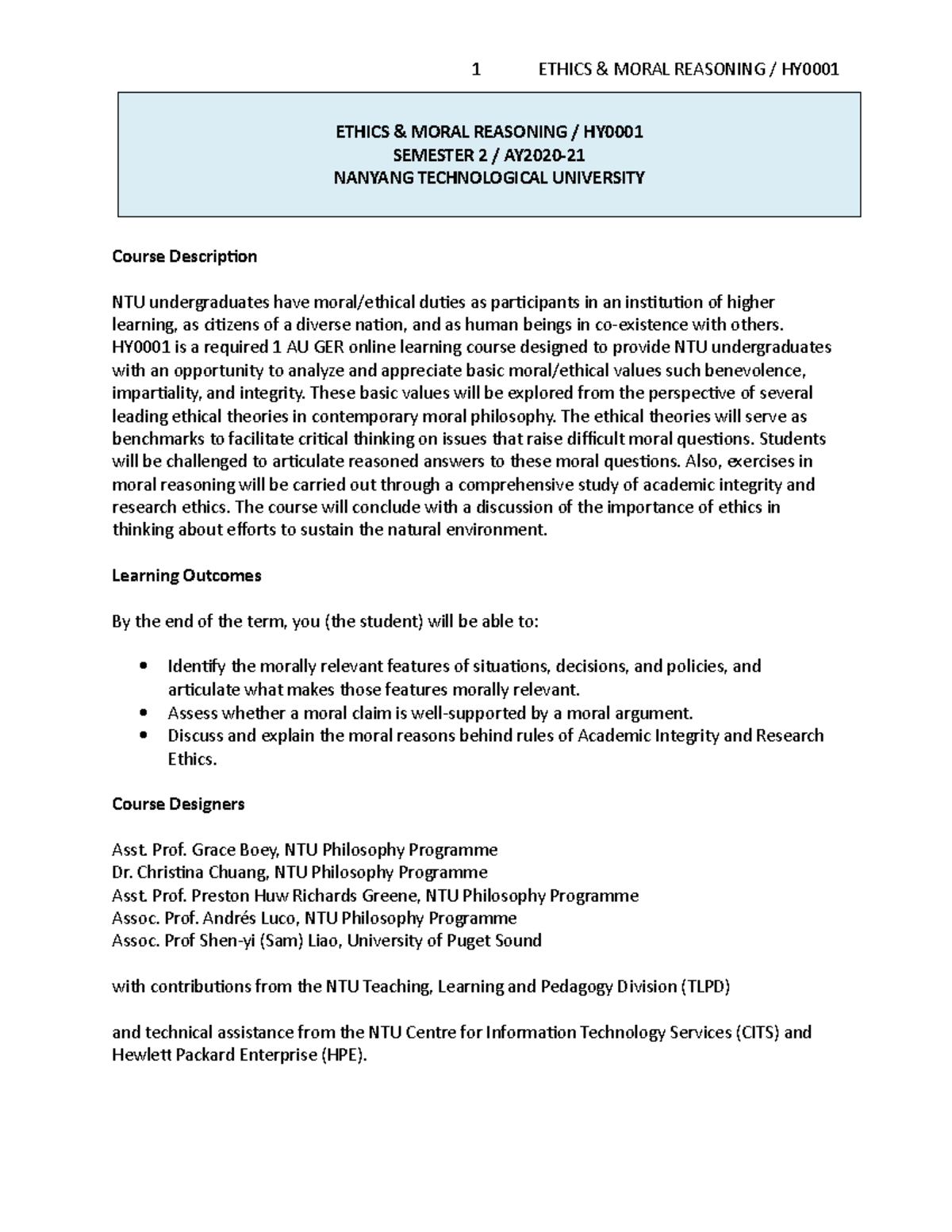 HY0001 Sem2 AY2020-21 - 1 ETHICS & MORAL REASONING / HY ETHICS & MORAL ...