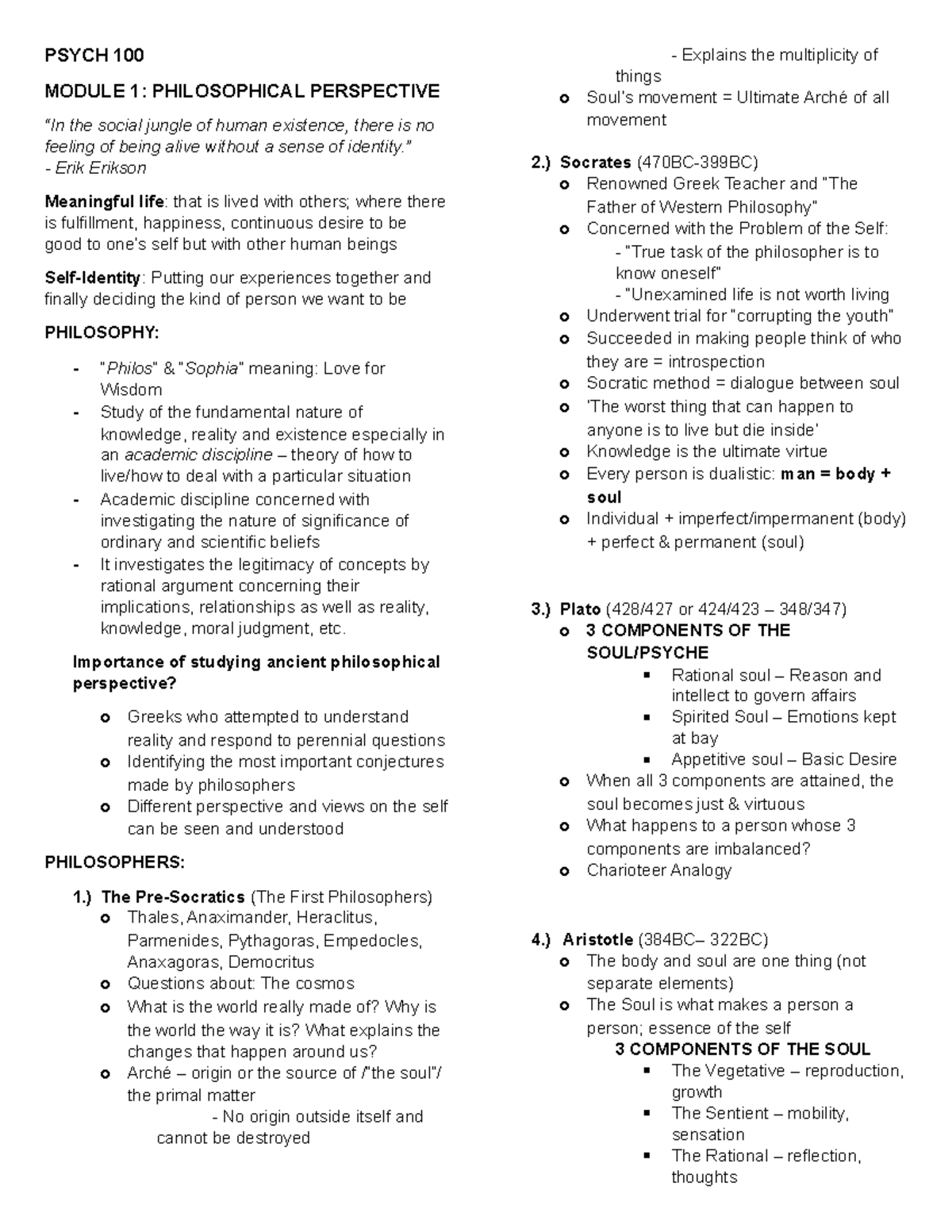 Psych-100- Reviewer - PSYCH 100 MODULE 1: PHILOSOPHICAL PERSPECTIVE “In ...