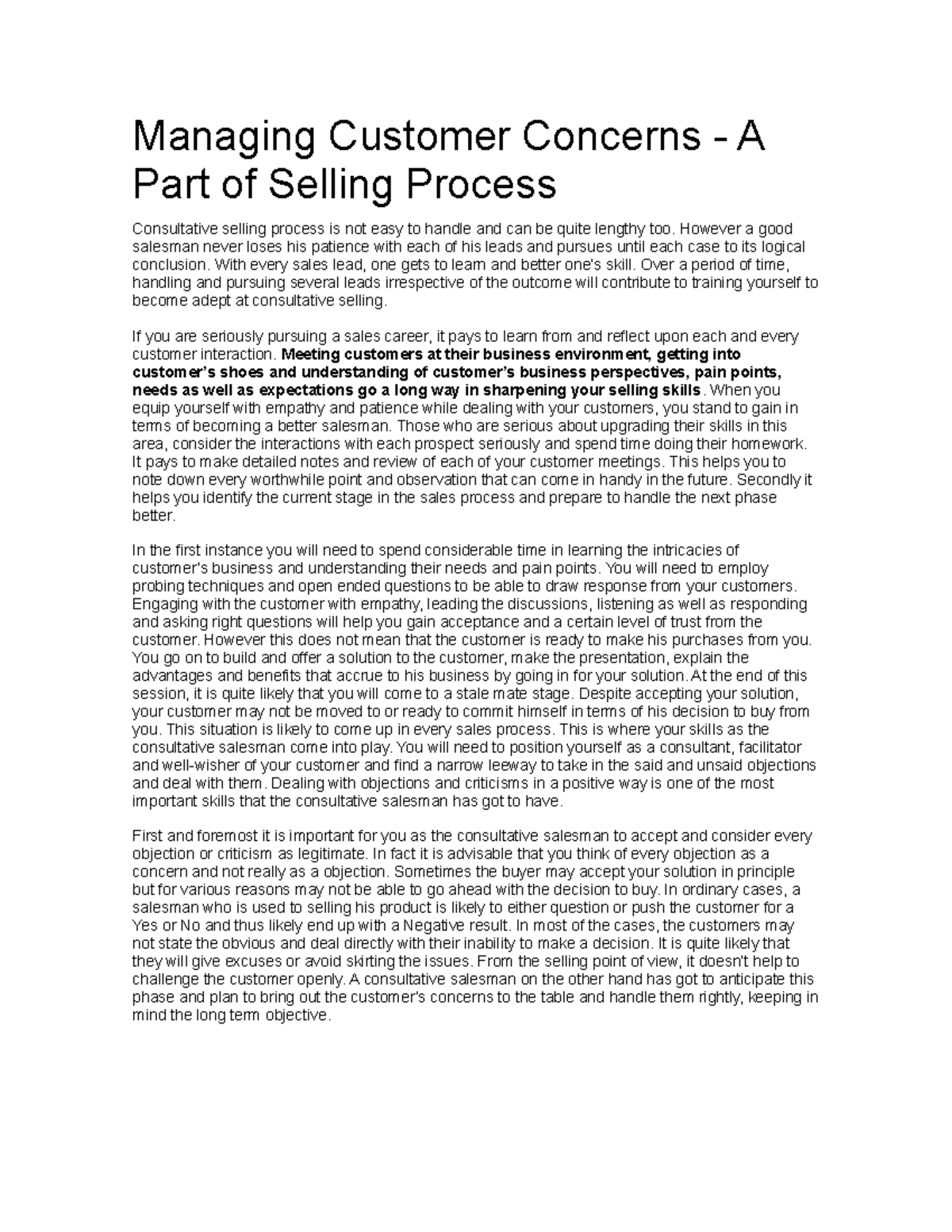 Consultative Selling Managing Customer Concerns - Managing Customer ...